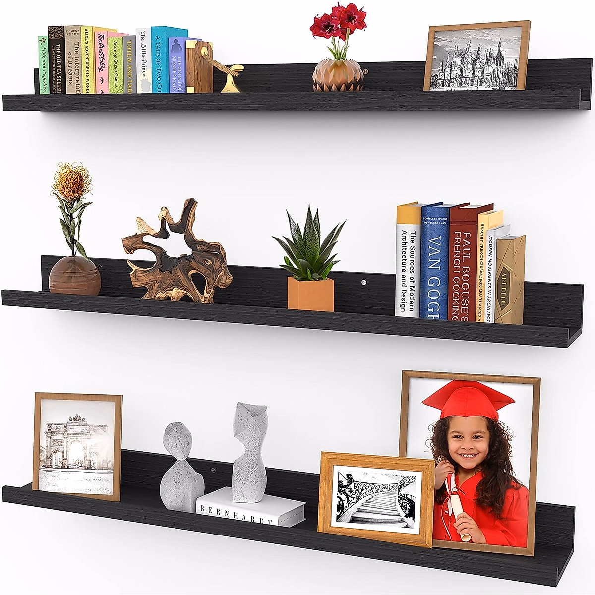 Icona Bay 36 Inch Floating Shelves for Wall, Set of 3 in Ebony Black, Modern Rustic Style, Wall Mounted Display Shelves, Picture Ledges