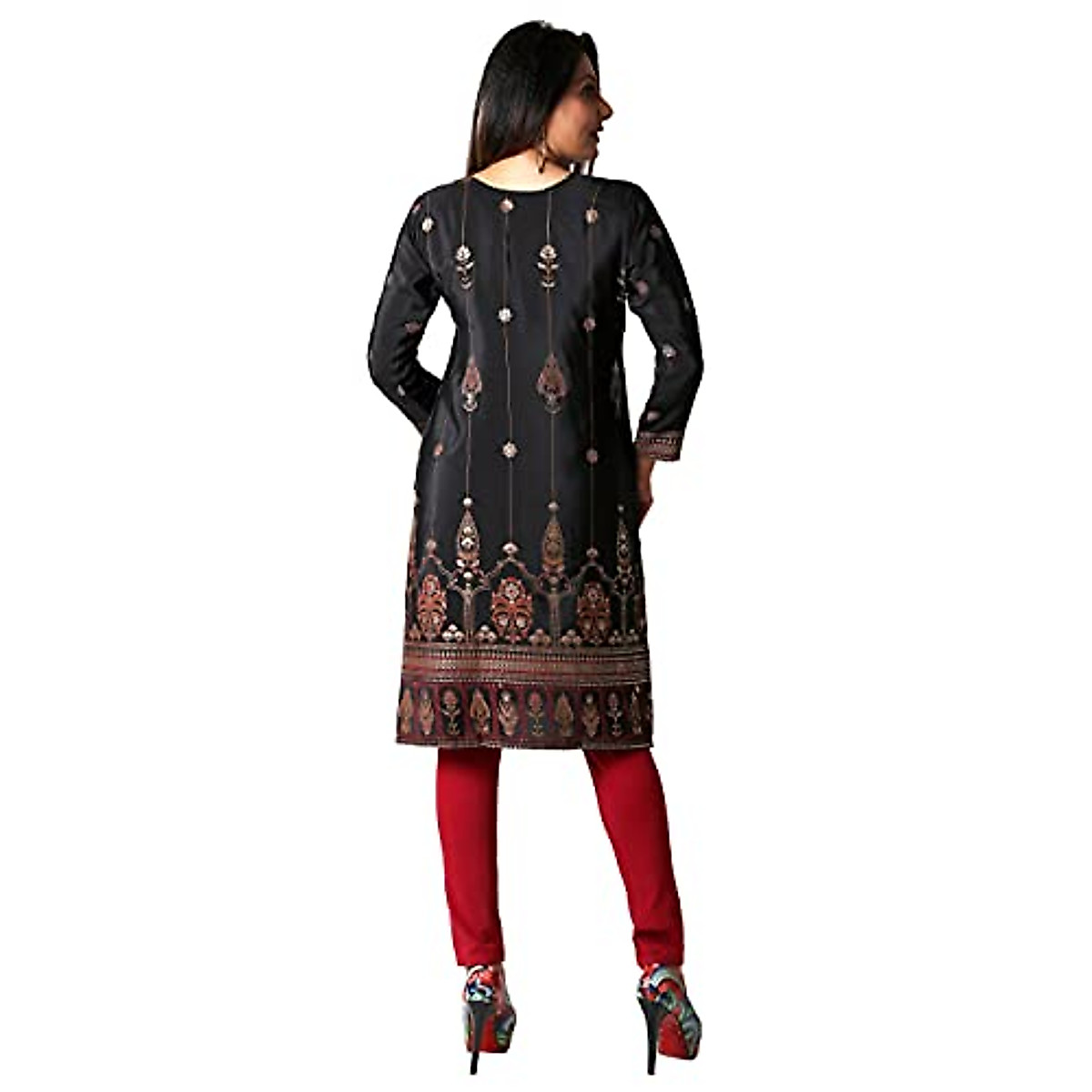 India Kurtis for Women Silk Long Indian Kurta Tunic Party Wear Tops (Black, M)