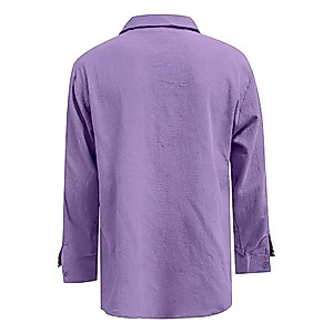 Men's Linen Button Down Shirts Casual Long Sleeve Summer Beach Shirt Tops Lightweight Plaid Loose Fit Shirt (Light Purple,4X-Large)