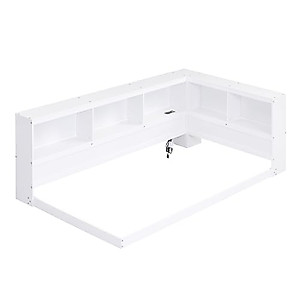 Modern Twin Size Daybed with Storage Cabinets and USB Ports, Wood Platform Bed Frame with L-Shaped Bookcases, Low Floor Bed Daybed for Kids Teens Boys Girls Bedroom (White 078)