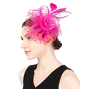 Fascinators Hat Flower Cocktail Lace Mesh Feathers Headband Clip for Women Tea Party Wedding Vintage Derby Hats-Hot Pink-01