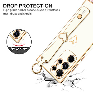BENTOBEN for Galaxy S23 Ultra Case with Adjustable Wristband Kickstand Loop, Cute Heart Luxury Plating Bumper, Raised Corner Shockproof Women Girls Phone Cover for Samsung Galaxy S23 Ultra 6.8", White