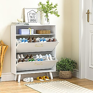 SINROM Shoe Cabinet for Entryway, Slim Shoe Storage Cabinet with 2 Flip Drawers, Freestanding Shoe Organizer with Open Shelf for Hallway, White