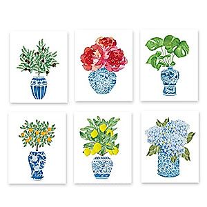 Chinoiserie Plant Wall Art Print, Chinese Blue White Porcelain Vase Canvas Wall Art (8"x10"x6 pcs, Unframed), Watercolor Flowers Botanical Plant Art Print for Bedroom Farmhouse Garden Decoration
