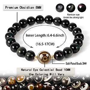 L&C Feng Shui Black Obsidian Beaded Bracelet - Women Mens 8MM Natural Obsidian Crystal Evil Eye Agate Relief Reiki Healing Stone Protection Link Bracelet Bring Luck Prosperity Wealth (Black Evil Eye)