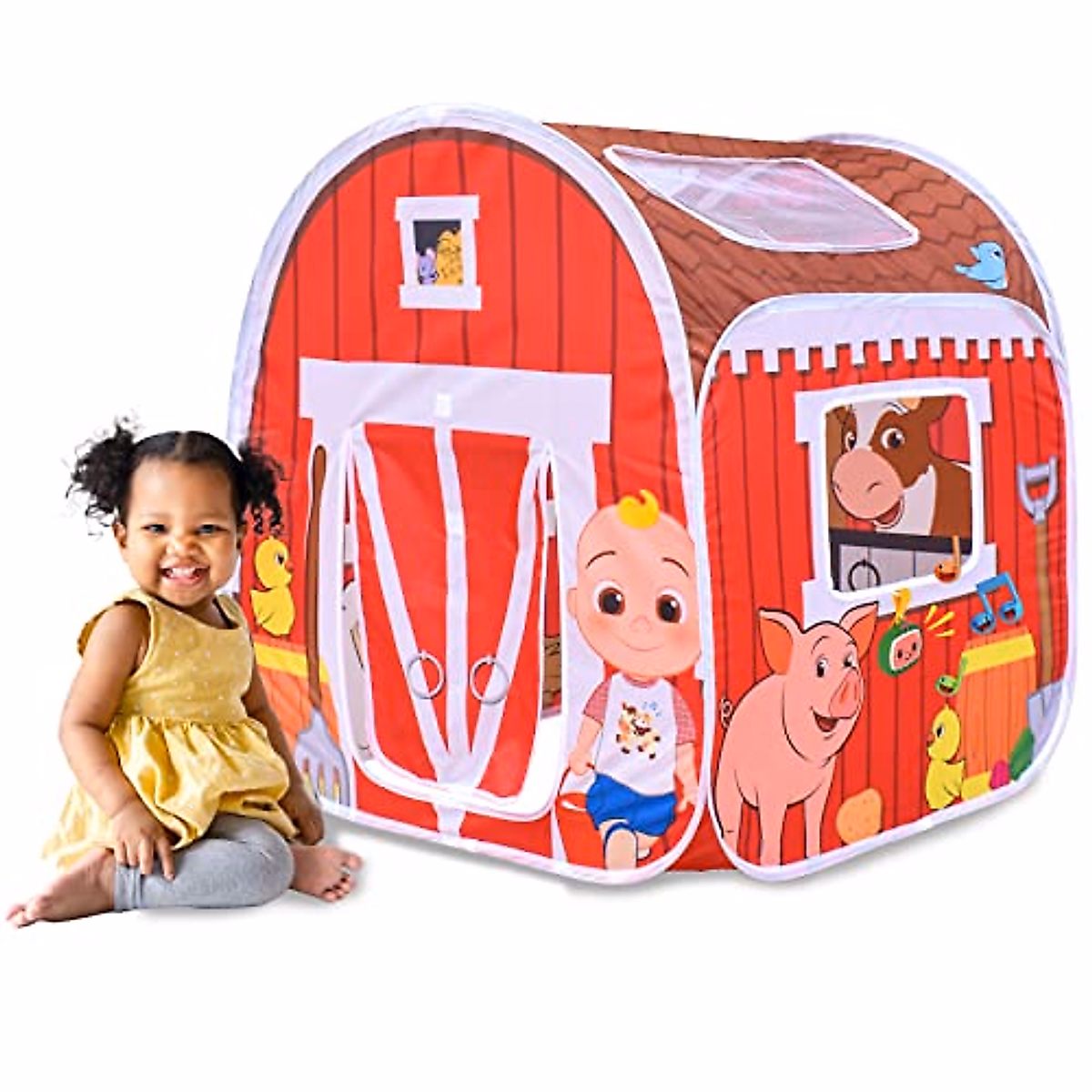 CoComelon Old MacDonald's Musical Barn Pop Up Tent – Easy to Setup Playhouse for Kids | Plays Music, Roll Up Door and Mesh Windows