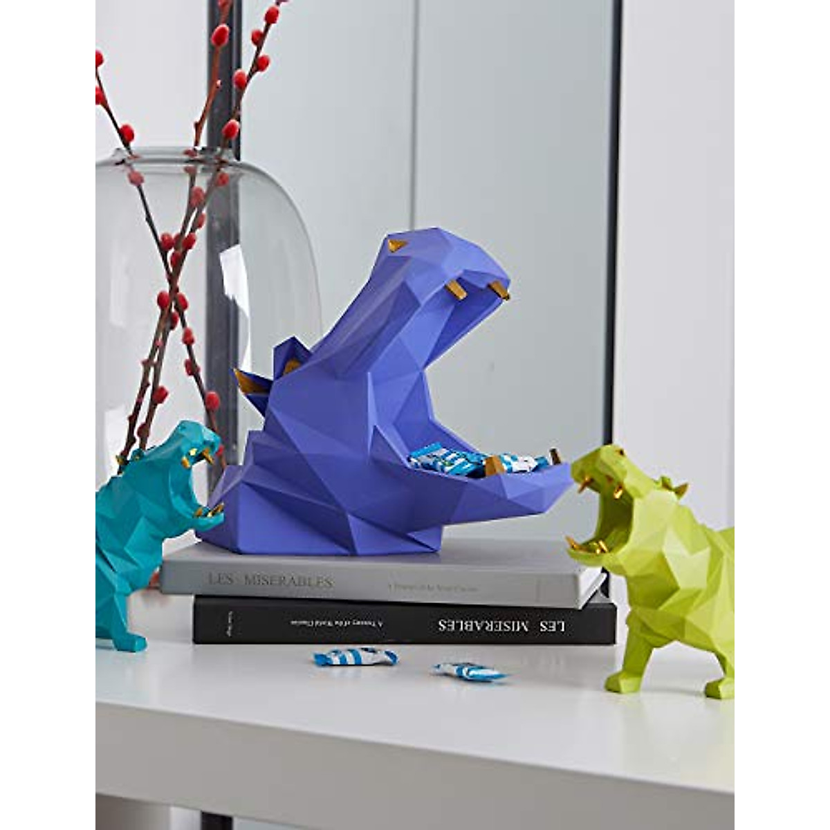 HAUCOZE Candy Dish Cookie Jar Hippo Gifts Sculpture Modern Decor Statue Table Centerpiece Crafts Polyresin Figurine Arts Blue 7.8inch