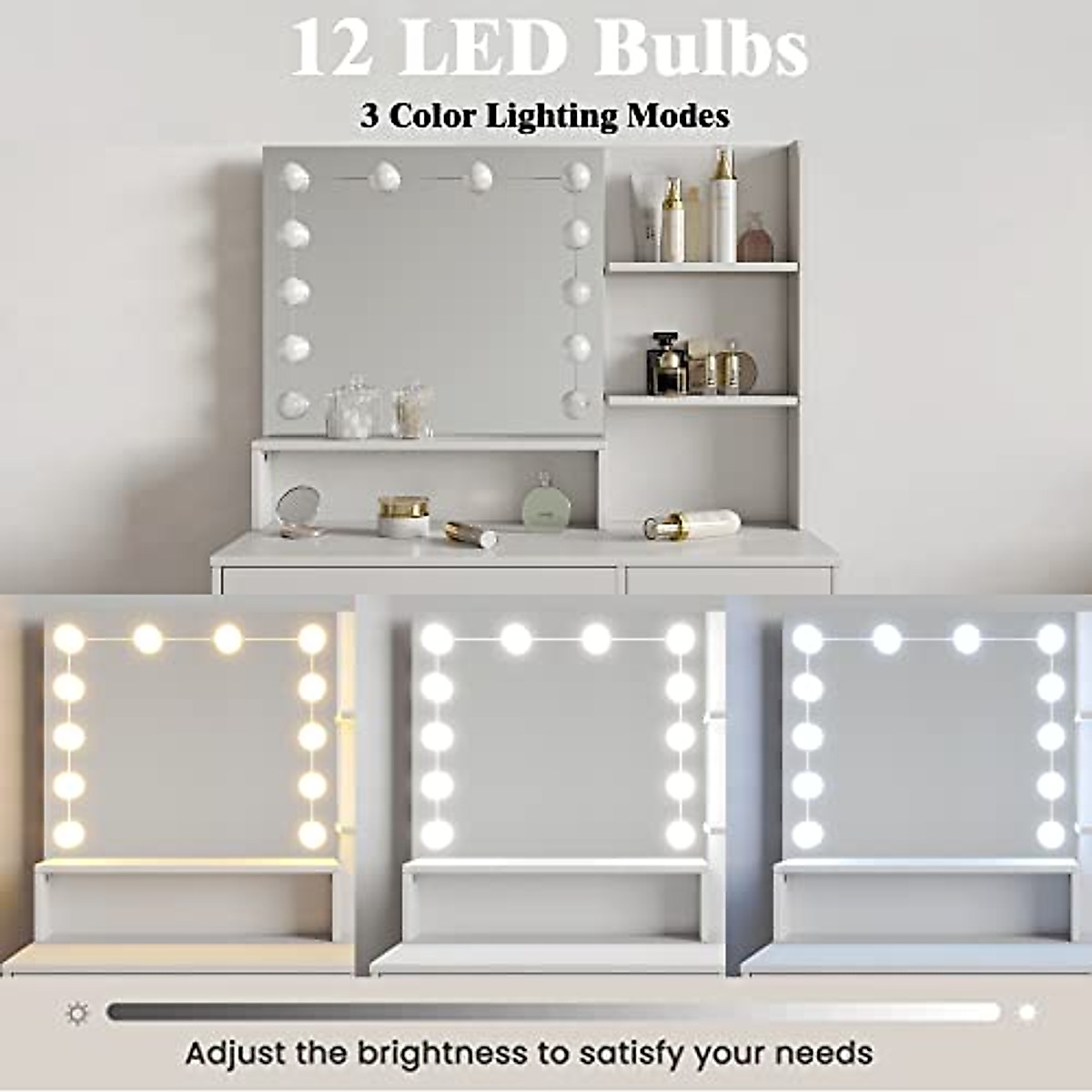 Furnideco 37" W Makeup Vanity with Lights,Vanity Desk with Chair, 5 Drawers Makeup Table with Lighted Mirror, 3 Lighting Colors,for Women Girls, White