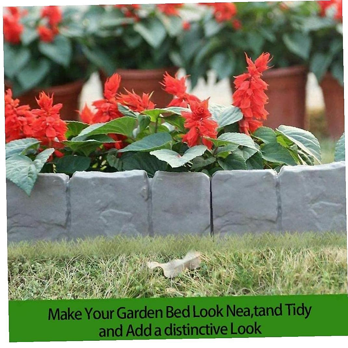 Ruluti 20pcs Flower Bed Decorative Fence Simulation Stone Plastic Garden Edging Border Interlocking Lawn Landscape Stakes, Gray