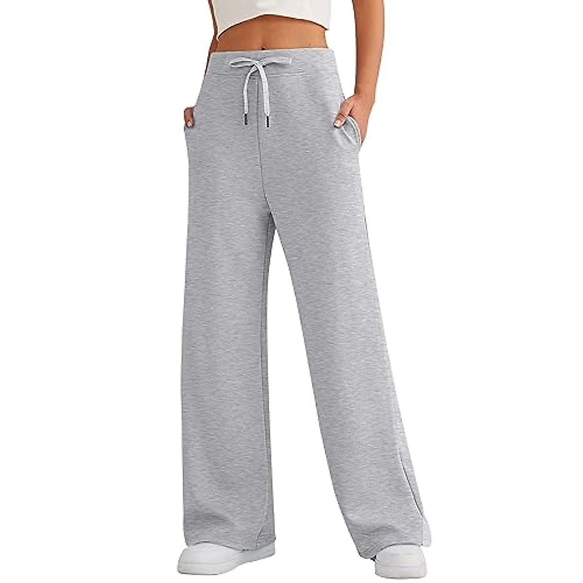 LILLUSORY Women's Wide Leg Sweatpants Casual Trendy Trending 2024 Loose Fit Comfy High Wasited Elastic Waist Jogger Winter Sweat Pants with Pockets Light Grey
