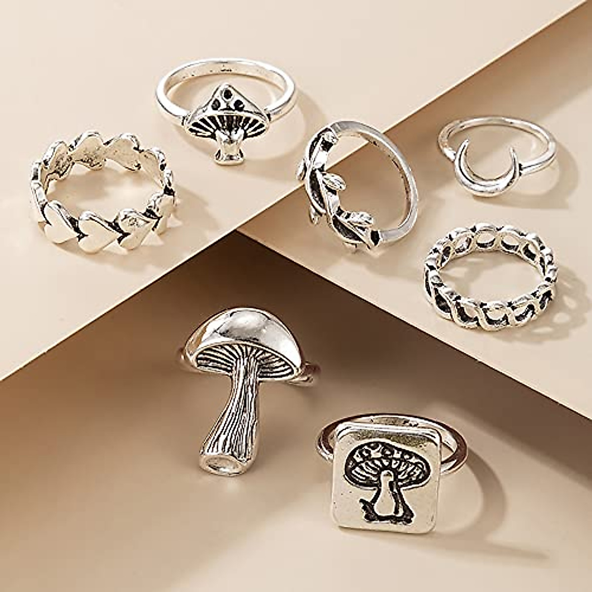 CSIYANJRY99 Vintage Silver Punk Rings Set Retro Mushroom Heart Moon Flower Heart Signet Knuckle Finger Statement Rings for Women Jewelry (I)