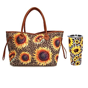 Oversized Tote Handbag Sunflower Purse with Inner Pockets Cheetah Printing Canvas Beach Bag for Women (X-large, leopard sunflower)