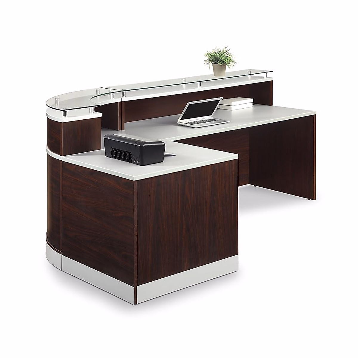 NBF Modern Reception Desk with Counter, Front Desk, Retail Checkout Counter, L Shaped, Office, Lobby, Salon, Store, Curved, 79" W x 63" D, Driftwood