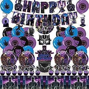 Black Party Supplies for Boys, Movies Theme Party Decorations Include Happy Birthday Banner, Hanging Swirls, Balloons, Cake Toppers, Cupcake Toppers, Sticker, Eye Mask, Tablecloth, Plate, Movies Themed Party Favor for Kids Fans