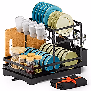 BBXTYLY Large Dish Drying Rack, 2 Tier Collapsible Dish Racks with Drainboard，Drainage, Wine Glass Holder, Utensil Holder and Extra Drying Mat, Dish Drainers for Kitchen Counter (Black)