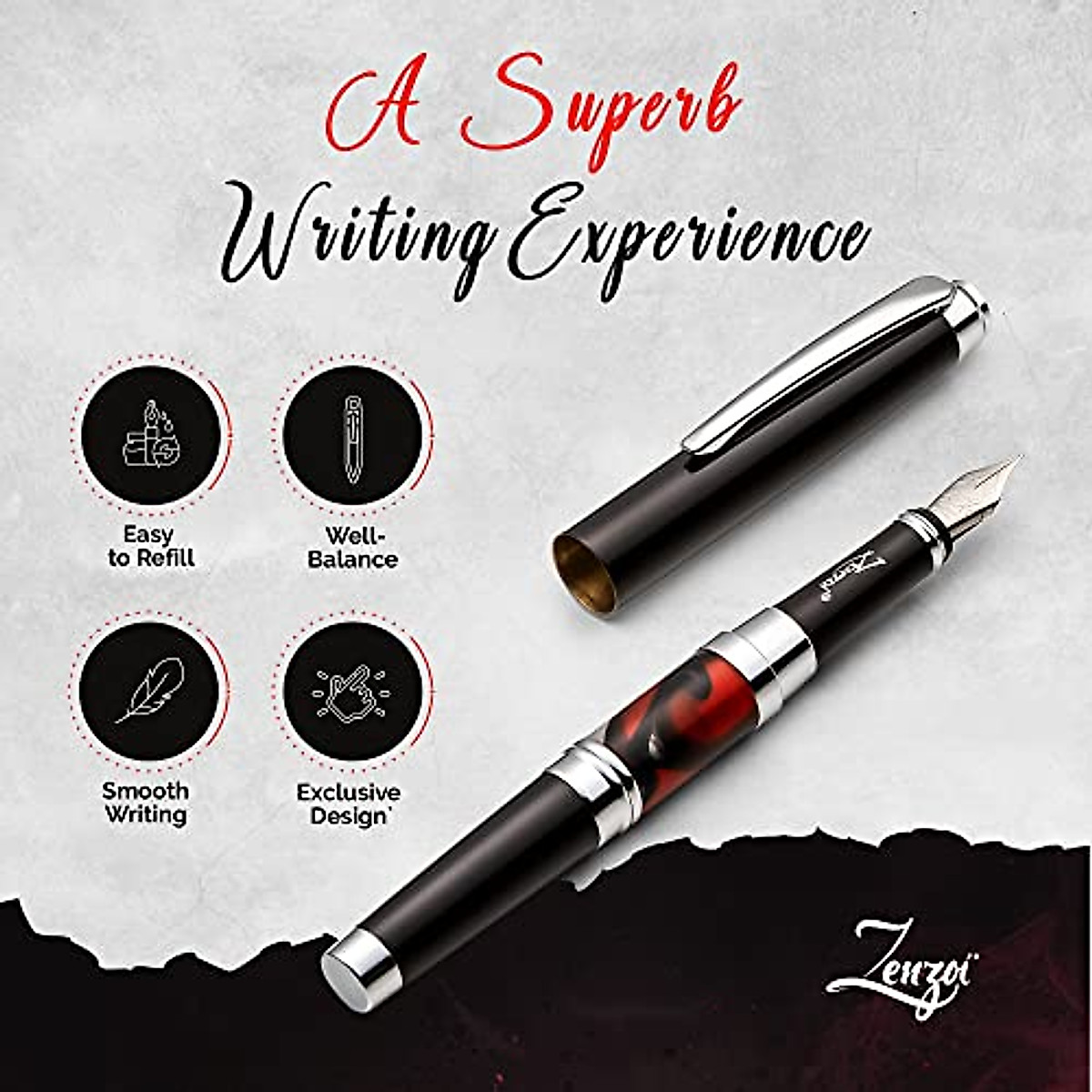 ZenZoi Black Fountain Pen Fine Nib - Beautiful Luxury Pen For Men Or Women With German Schmidt Nib, Converter, 2 Ink Refills (Blue & Black) & Pen Gift Box. Nice, Executive Pens For Smooth Writing