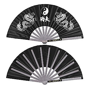 Folding Hand Fan, Stainless Steel Tai Chi Kung Fu Fan/Karate Fans/Chinese Kung Fu Fighting Fans/Wushu Fan for Performance Dance (Black)