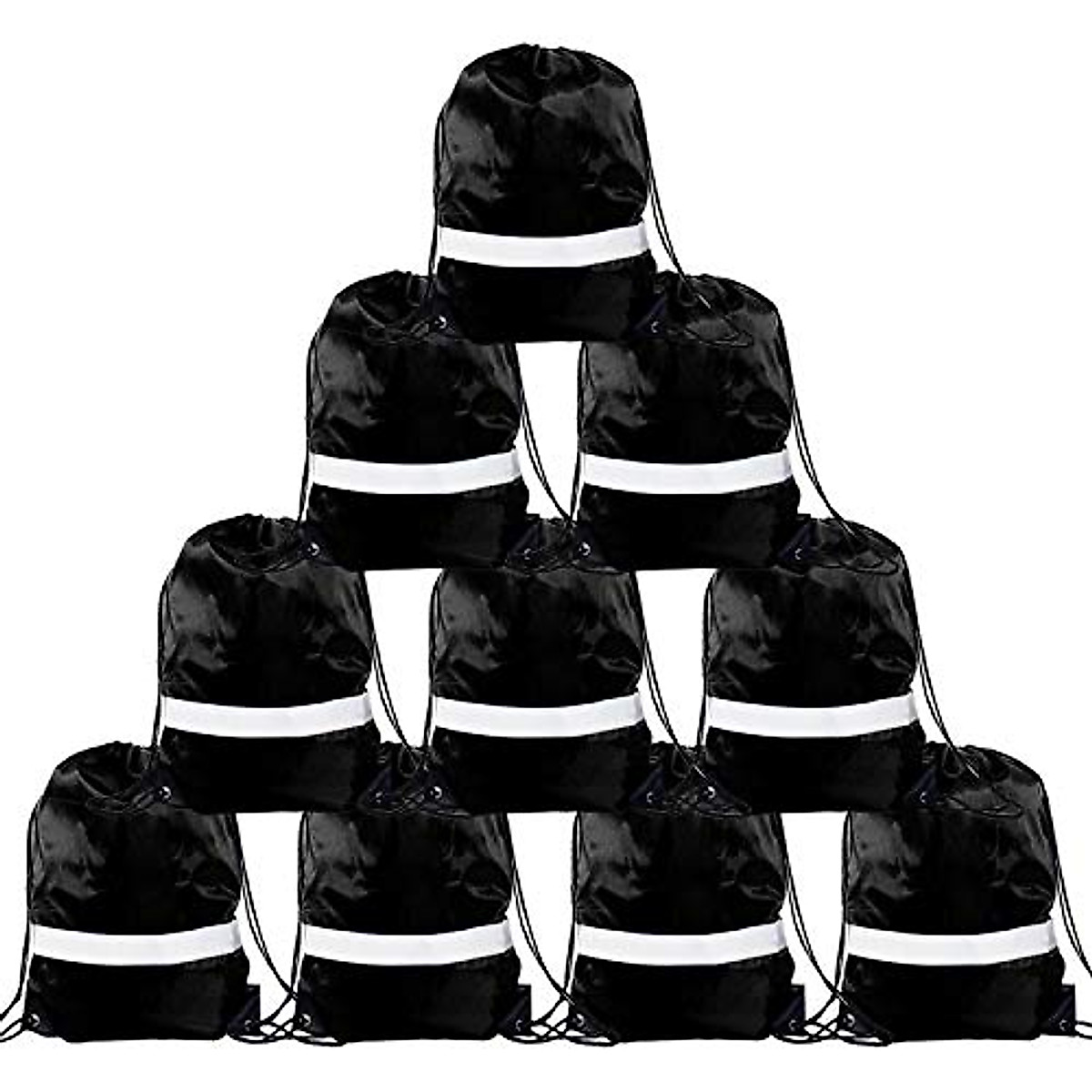 GoodtoU Draw String Sport Bag 10 Pcs Reflective Drawstring Backpack Gym Cinch Bag Black Nylon Drawstring Bag Bulk