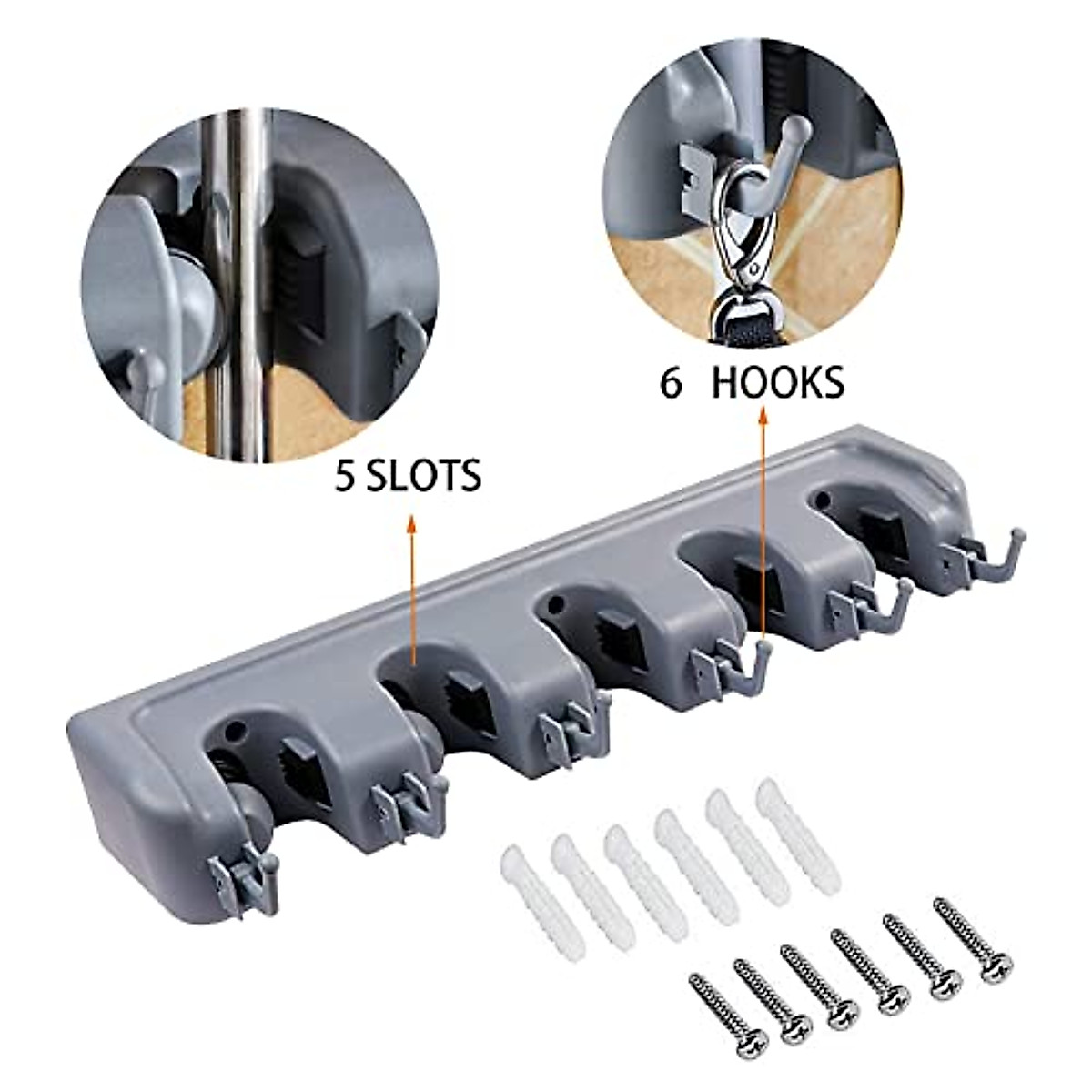 YouOKLight Broom holder wall mount, mop and broom hanger wall mount garden tool organizers storage rack, broom organizer mop holder hanger. For Home Garden Garage And Storage, 5 Slots, 6 Hooks, Grey.