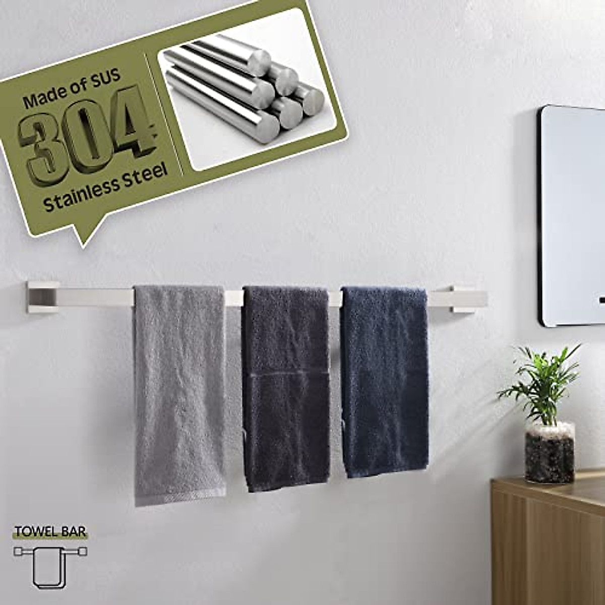 KOKOSIRI 36-Inch Single Towel Bar, Bathroom Towel Holder, Bath Towel Hook Square Robe Hook Coat Hook, Wall Mounted, SUS 304 Stainless Steel, Brushed Steel, B05A3-BR-L36