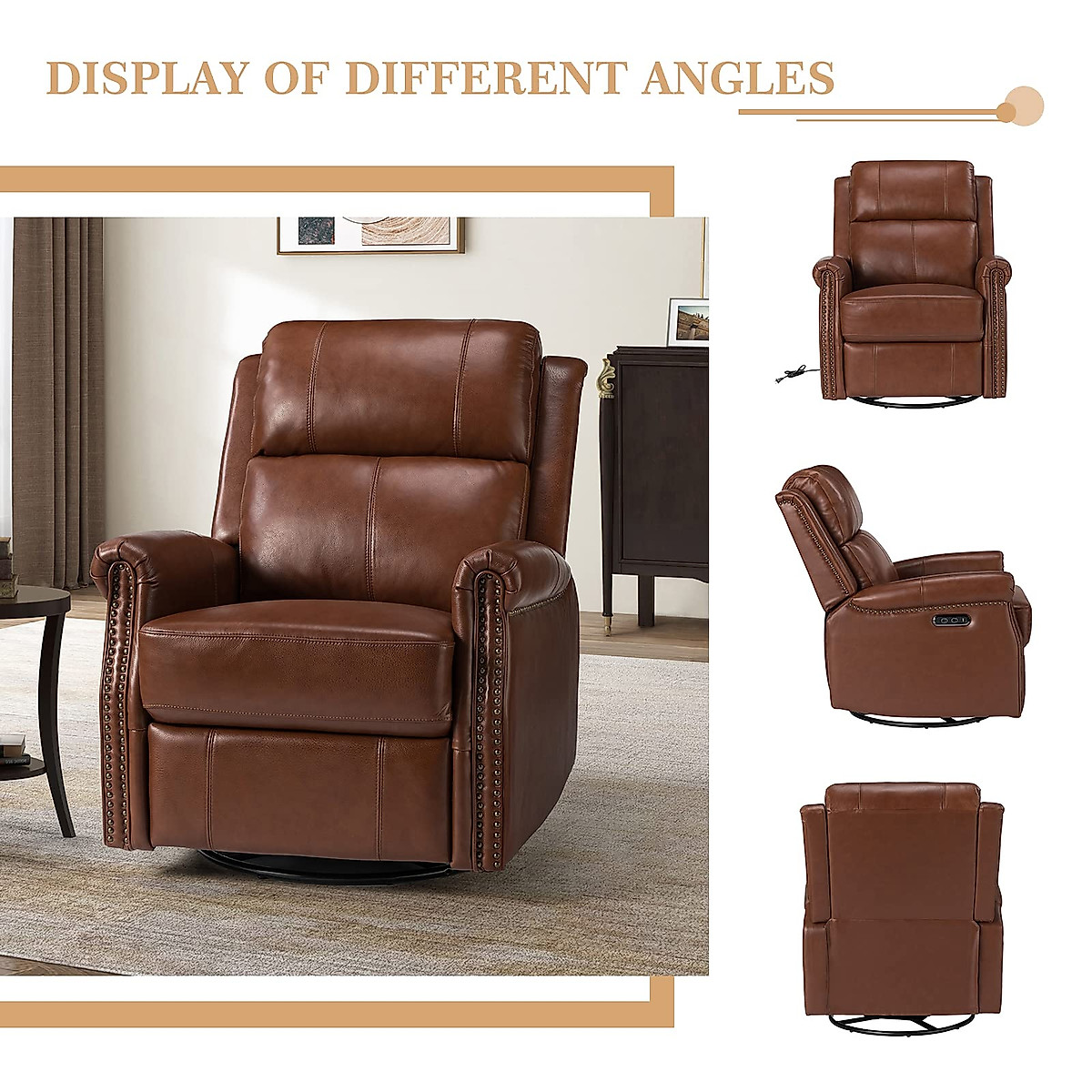 HULALA HOME Genuine Leather Power Recliner Chair with USB Port, Modern Electric Swivel Rocker Glider Recliner with Nailhead Trim & Metal Base- for Living Room Bedroom Home Theater, Brown