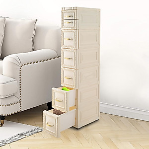 6 Tier Storage Cabinet with 7 Drawers Rolling Narrow Dresser Tower Stand Slim Plastic Storage Organizer with Wheels Elegant Storage Chest for Bedroom Bathroom Entryway Dorm Small Spaces, Beige