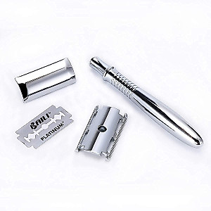 BAILI Classic 3-Piece Metal Double Edge Eco Safety Razor Long Handle Wet Shaving Kit for Men Women with 5 Platinum Blades BD191