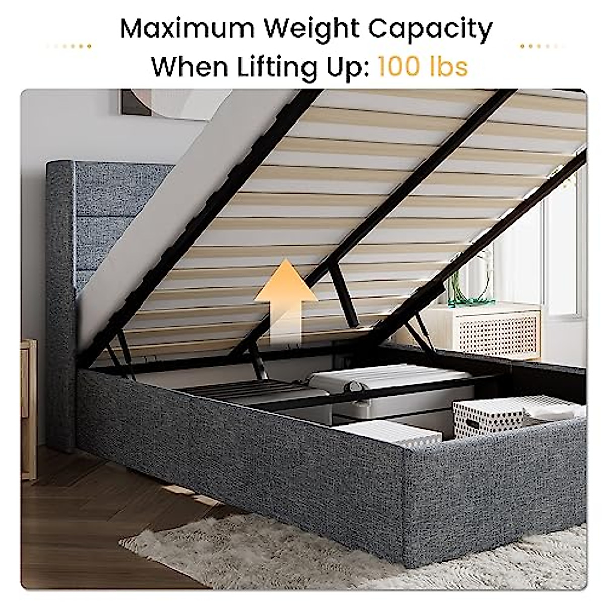 SHA CERLIN Queen Size Lift Up Storage Bed/Modern Wingback Headboard/Upholstered Platform Bed Frame/Hydraulic Storage/No Box Spring Needed/Wood Slats Support/Grey Blue