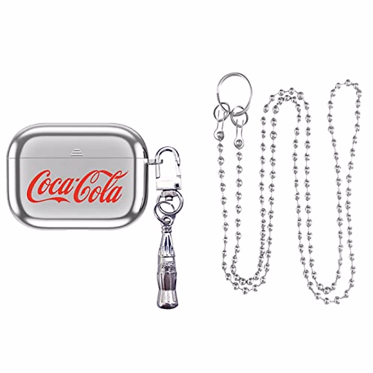 Soft TPU Silver Electroplating Case with Coke Bottle Charm and Keychain Necklace for Apple AirPods 3 AirPods3 2021 Latest Model Red Logo Drink Cool Modern Creative Girls Boys Men