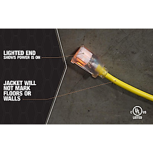 Southwire 2588SW0002 Outdoor Cord-12/3 SJTW Heavy Duty 3 Prong Extension Cord-for Commercial Use (50', Yellow), 50 Feet