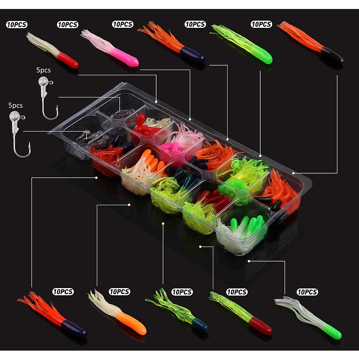 Fishing Crappie Lures Jig Heads Kit, Small Soft Plastic Grub Lure Tube Bait Jig Heads for Bass Fishing Freshwater Panfish Trout
