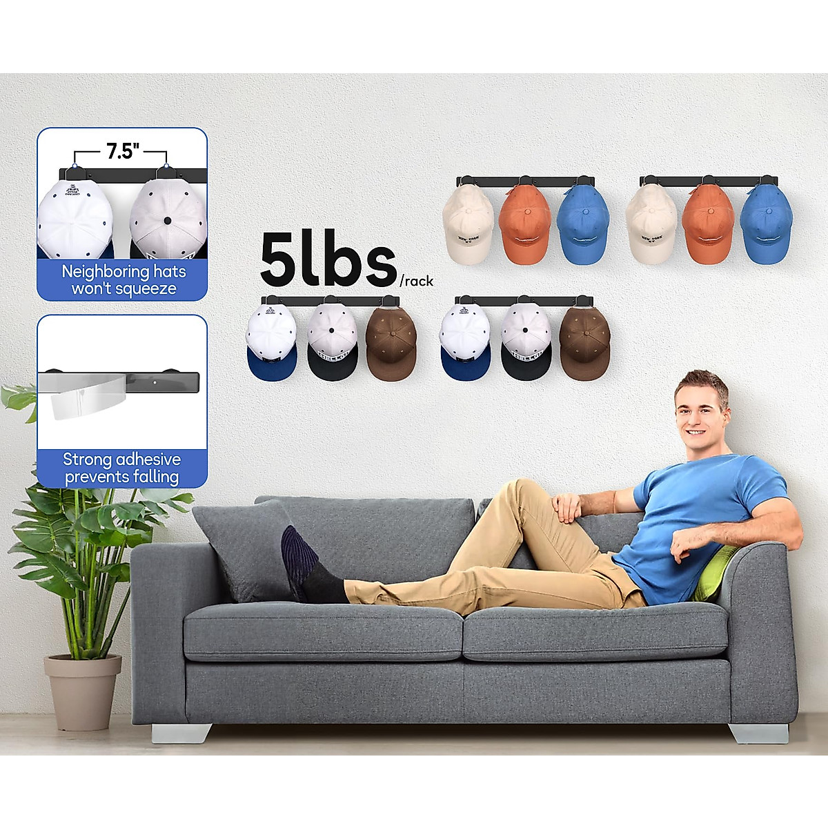 KIMBORA 4 Packs Hat Rack for Wall, Hat Organizer for Baseball Caps Holds 36 Hats, 3 Mounting Options Hat Hook Hanger, Strong Baseball Hat Holder Storage, Hat Display for Door, Room, Closet (Black)