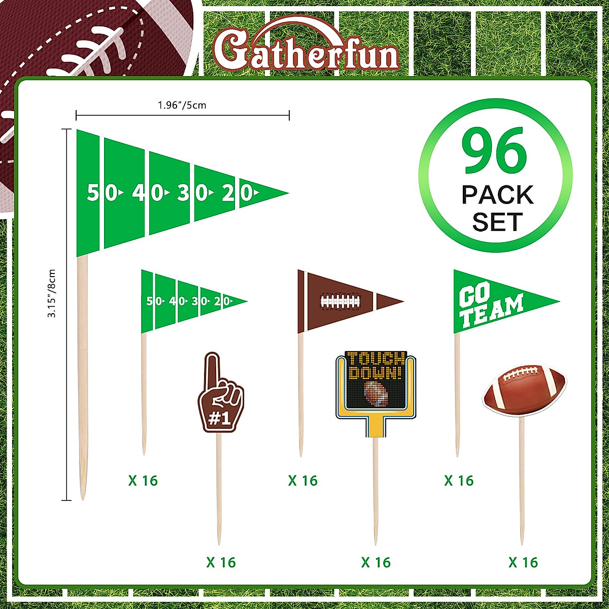 Gatherfun 96pcs Football Themed Toothpicks, Cupcake Toppers, Cocktail Picks for Birthday Party, Game Day, Tailgate Decorations