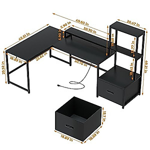 GreenForest 70 in L Shaped Desk with Drawers and Printer Stand and 47 in Computer Home Office Desk with Monitor Stand and Storage Shelves