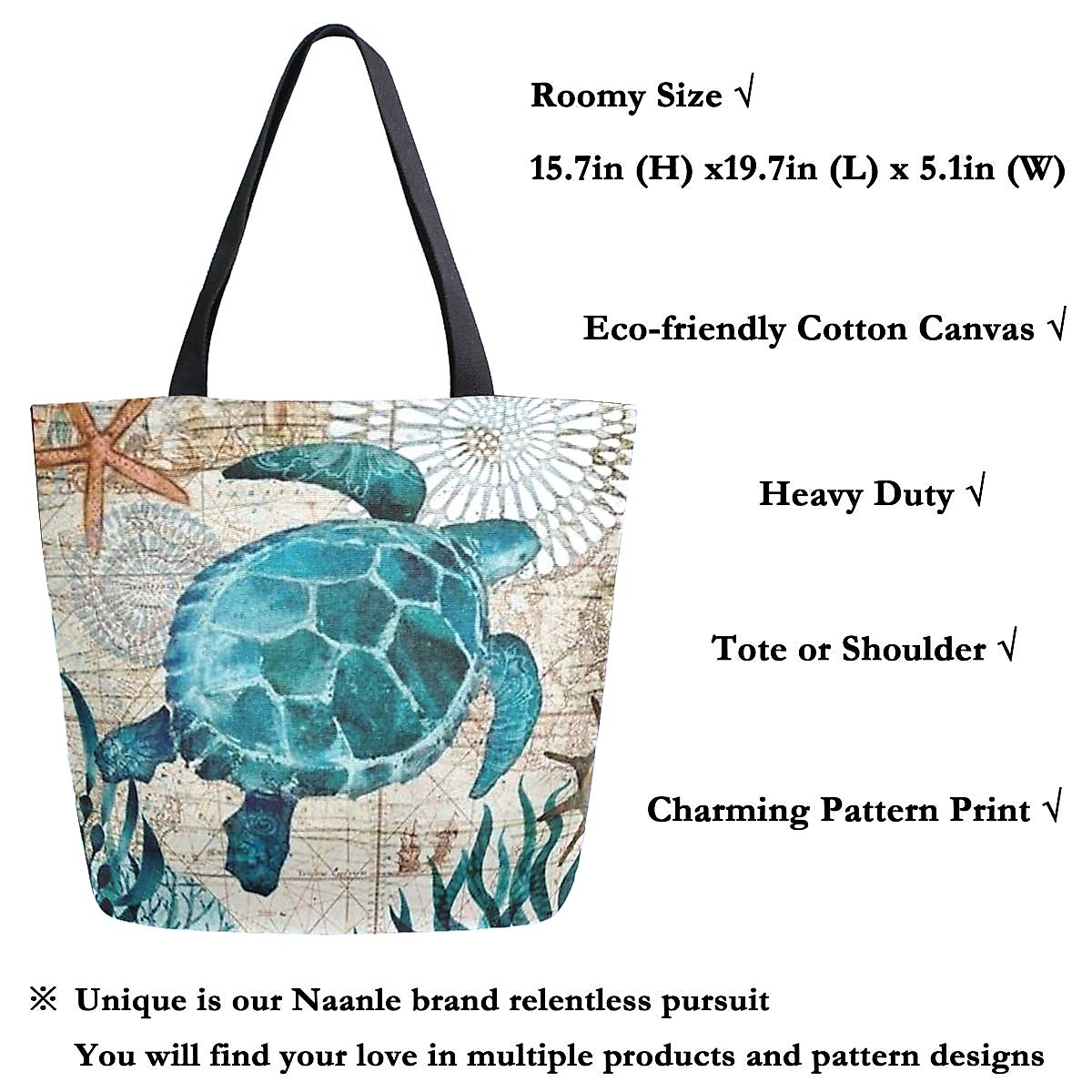 Naanle Ocean Turtle Canvas Tote Bag Large Women Casual Shoulder Bag Handbag, Sea Turtle Reusable Multipurpose Heavy Duty Shopping Grocery Cotton Bag for Outdoors.
