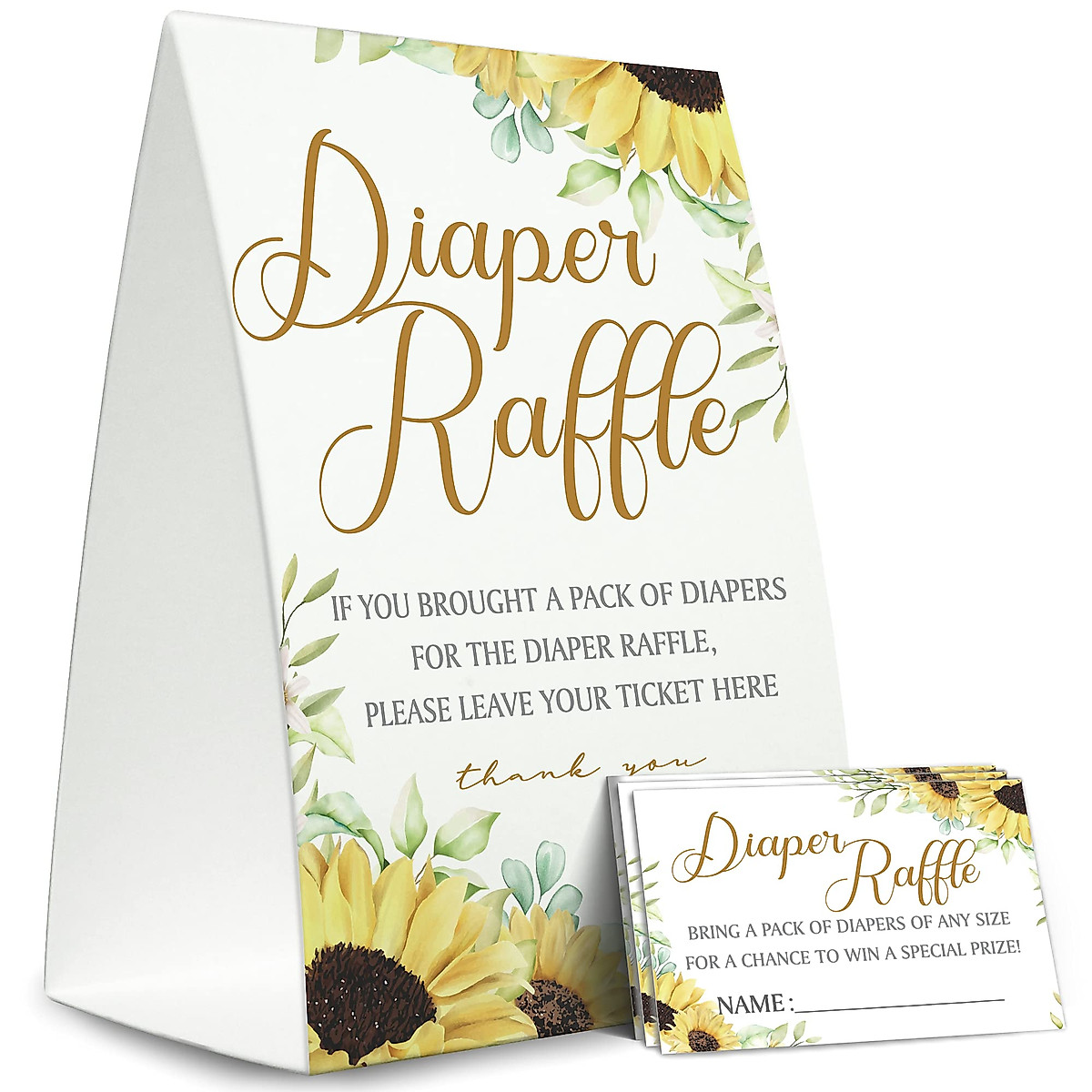 Sunflower Diaper Raffle Sign,Diaper Raffle Baby Shower Game Kit (1 Standing Sign + 50 Guessing Cards),Baby Showers Decorations,Card for Baby Shower Game to Bring a Pack of Diapers-N08