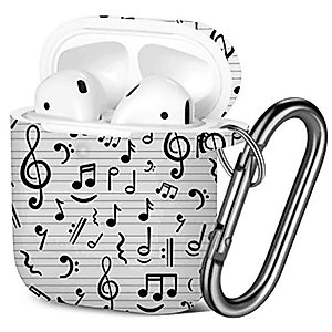 [ Compatible with AirPods 2 and 1 ] Shockproof Soft TPU Gel Case Cover with Keychain Carabiner for Apple AirPods (Music Notes)