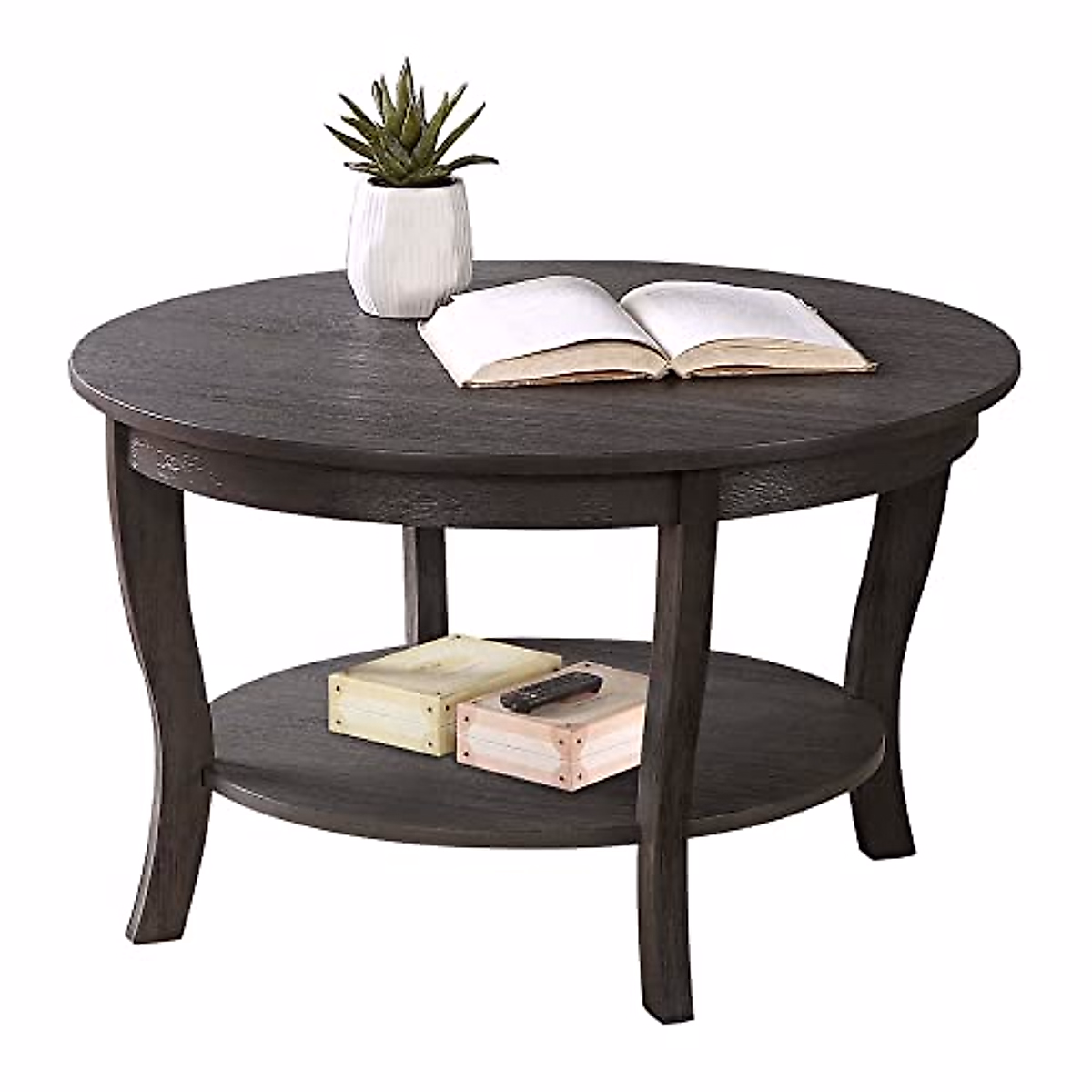 Convenience Concepts American Heritage Round Coffee Table with Shelf, Wirebrush Dark Gray