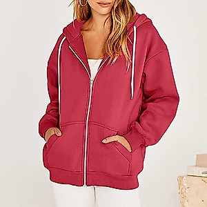 prime deals of the day today only clearance crewneck sweatshirts Womens Zip Up y2k Hoodies Fall Fashion Oversized Long Sleeve Hooded Sweatshirt Casual Lightweight Jacket With Pockets Red M