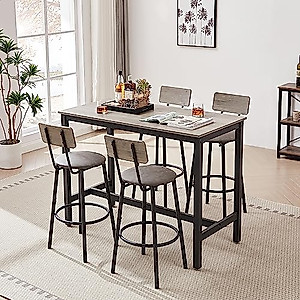 OGAOL Bar Table and Chair Sets for 4, 5 Pieces Industrial Counter Height Pub Table and 4 PU Soft Stools with Back&Adjustable Feet, 47" Dining Table and Chairs for Restaurant,Living Room (Gray, 47")