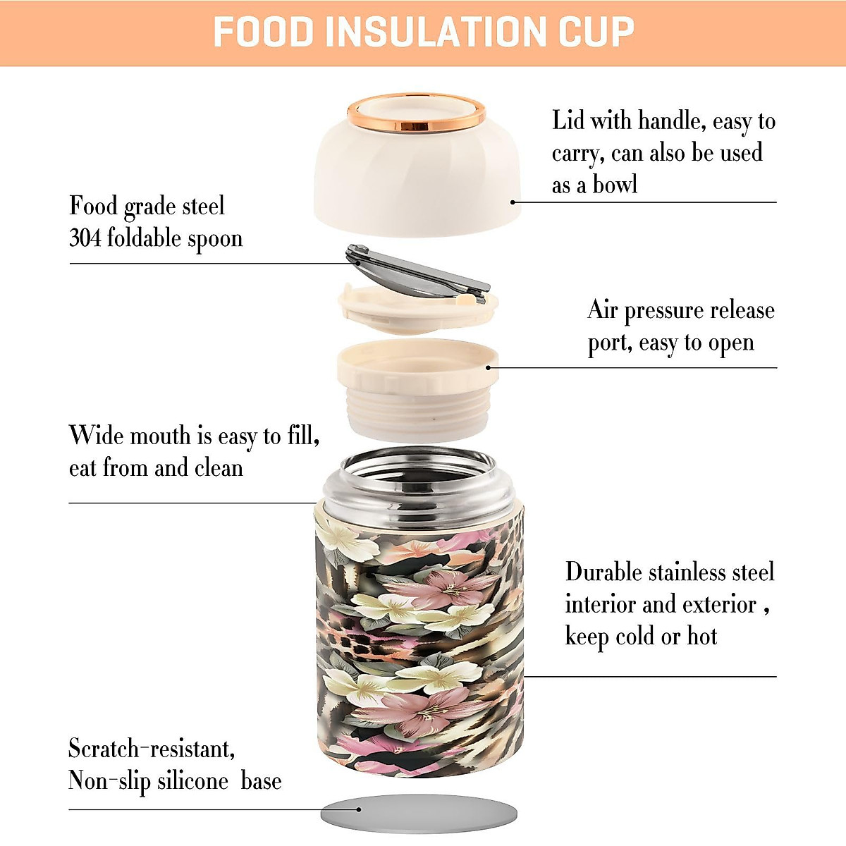 CUPADA Animal Print Flower Food Jar for Hot and Cold, Leopard Texture Floral Insulated Food Jars Vacuum 17OZ with Folding Spoon for Work Trip Picnic Camping