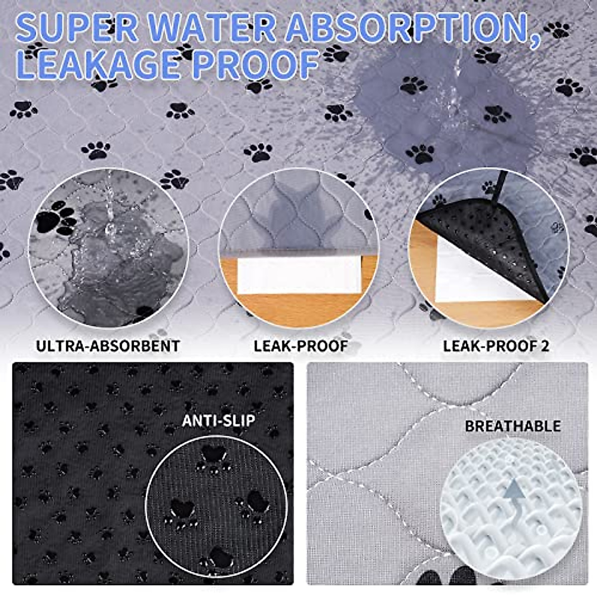 Non-Slip Washable Pee Pads for Dogs, 2 Pack Large 36"x41" Ultra-Absorbent and Leak-Proof Reusable Potty Training Pads for Dogs and Cats Puppy Pads of Add 8 Lanyards