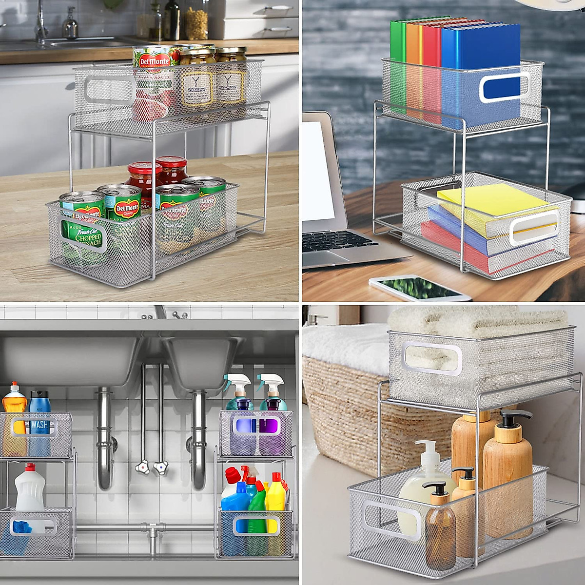 Artestia Under Sink Organizers and Storage Pull Out Drawers 2 Tiers Mesh Sliding Bathroom Cabinet Organizers Baskets Multipurpose Storage Shelf for Bathroom Kitchen, Silver