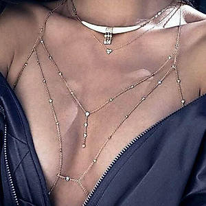 Blindery Sexy Body Chain Rhinestone Silver Chain Bra Layered Body Jewelry Crystal Waist Chain Beaded Body Accessory for Women