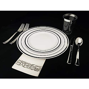 Aya's 60 Silver Plastic Plates Disposable Heavy Duty Premium Plastic Plates, 30 Plastic Dinner Plates + 30 Dessert Appetizer Plates for Weddings, Fancy Disposable Plates for Party White Plastic Plates