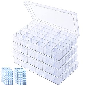 PLMMOUT 4 Pack Clear Plastic Organizer Box,36 Grids Clear Bead Organizer with Adjustable Divider for Bead Art DIY Craft Jewelry Fishing with 512 Label Stickers