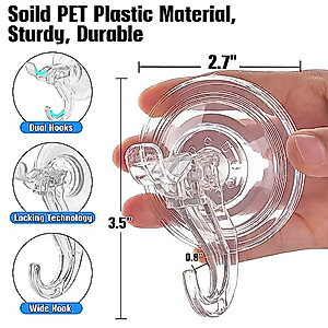 Goabroa Suction Cup Hooks, 6 Pack Clear 10 lbs Holding Suction Cup Dual Hooks Holder, Suction Cups for Glass, Waterproof Reuseable Suction Hanger for Bathroom, Shower, Kitchen
