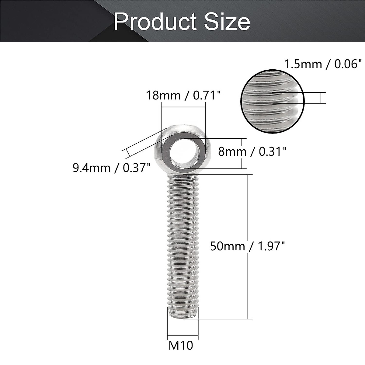 MroMax M10x 50mm Machinery Shoulder Swing Lifting Eye Bolt 304 Stainless Steel Metric Thread Silver 5pcs