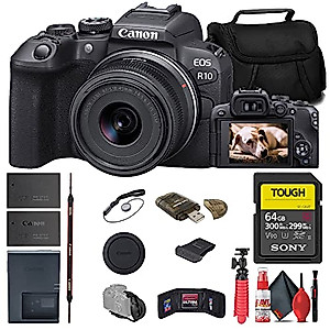 Canon EOS R10 Mirrorless Camera with 18-45mm Lens (5331C009) + Sony 64GB Tough SD Card + Bag + Card Reader + Flex Tripod + Hand Strap + Memory Wallet + Cap Keeper + Cleaning Kit (Renewed)