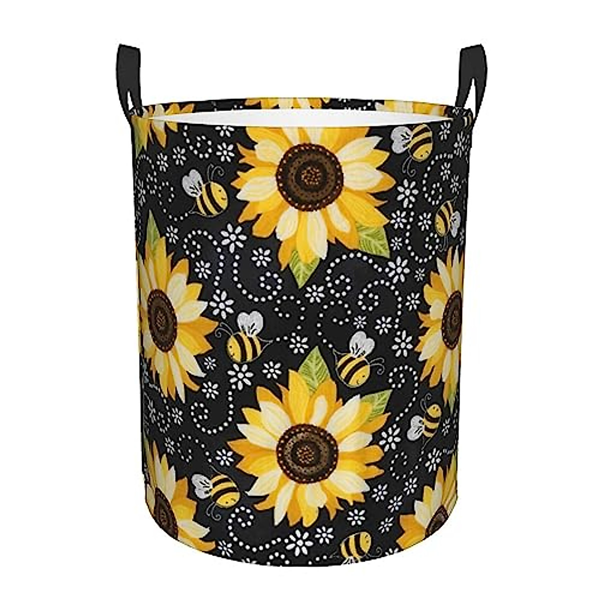 Sunflower Bees Printed Round Laundry Hamper,Collapsible Clothes Hamper Storage With Handle,Canvas Fabric Waterproof Storage Bin